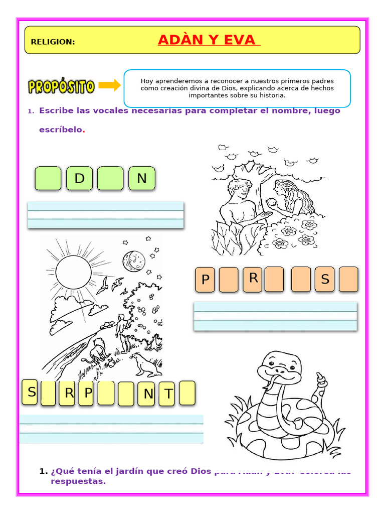 LUNES 31 DE MARZO FICHA DE RELIGION ADAN Y EVA | PDF
