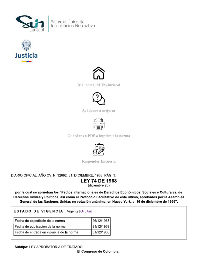 Ley 74 de 1968 Pactos Internacionales de Derechos Económicos, Sociales ...