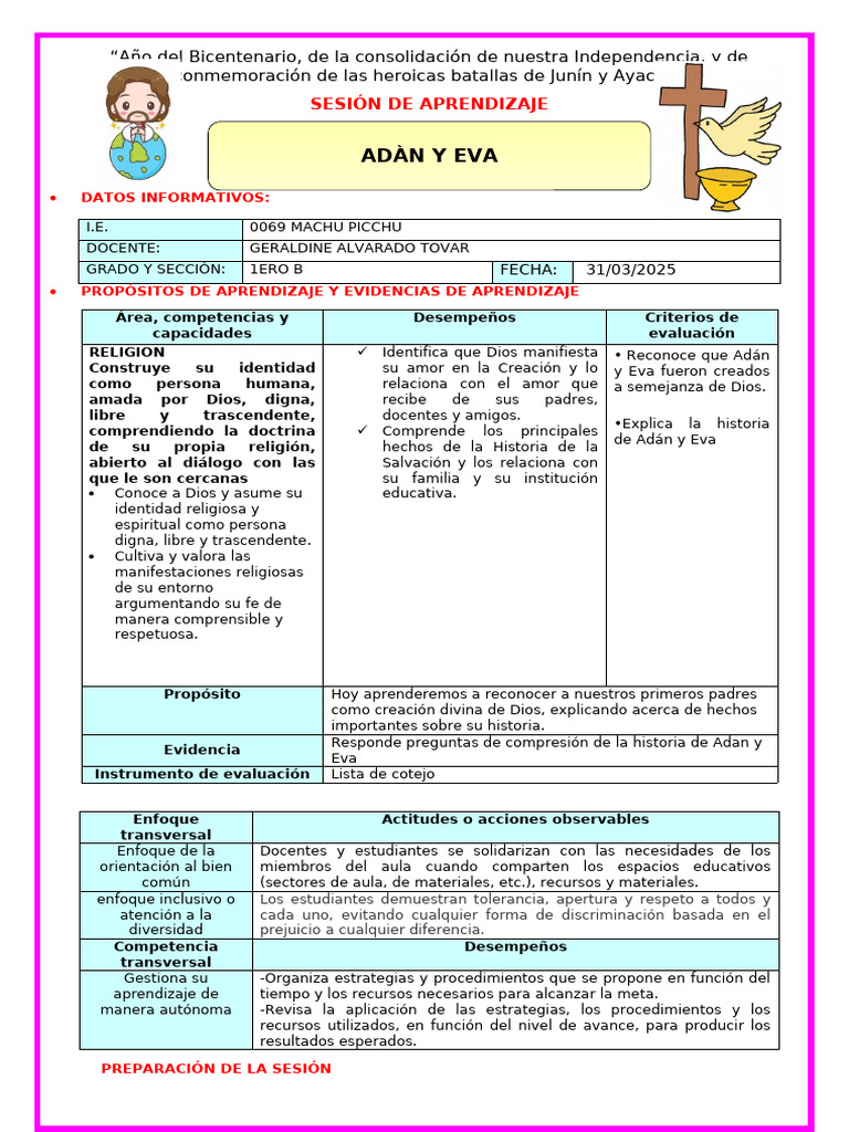Lunes 31 de Marzo Sesion de Religión Adan y Eva | PDF | Adán | Adán y Eva