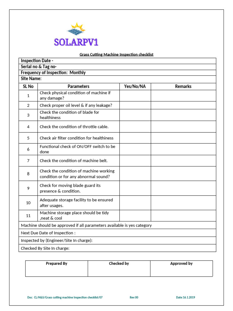 Grass Cutting Machine Inspection Checklist 07 | PDF