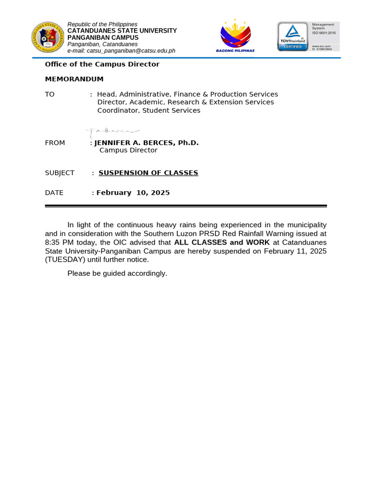 Class Suspension Notice for February 11 | PDF