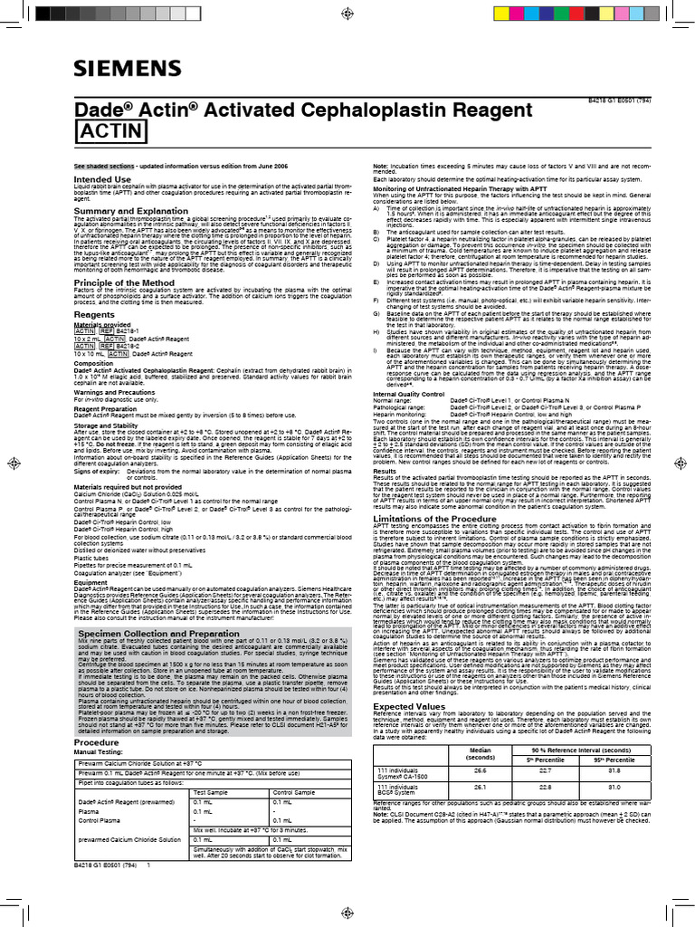 Dade® Actin® Activated Cephaloplastin Reagent (ACTIN) | PDF ...
