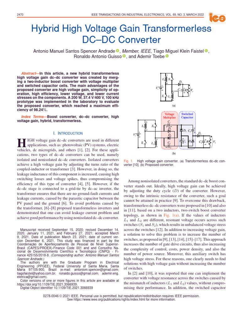 Hybrid High Voltage Gain Transformerless DCDC Converter | PDF | Capacitor | Electrical Engineering