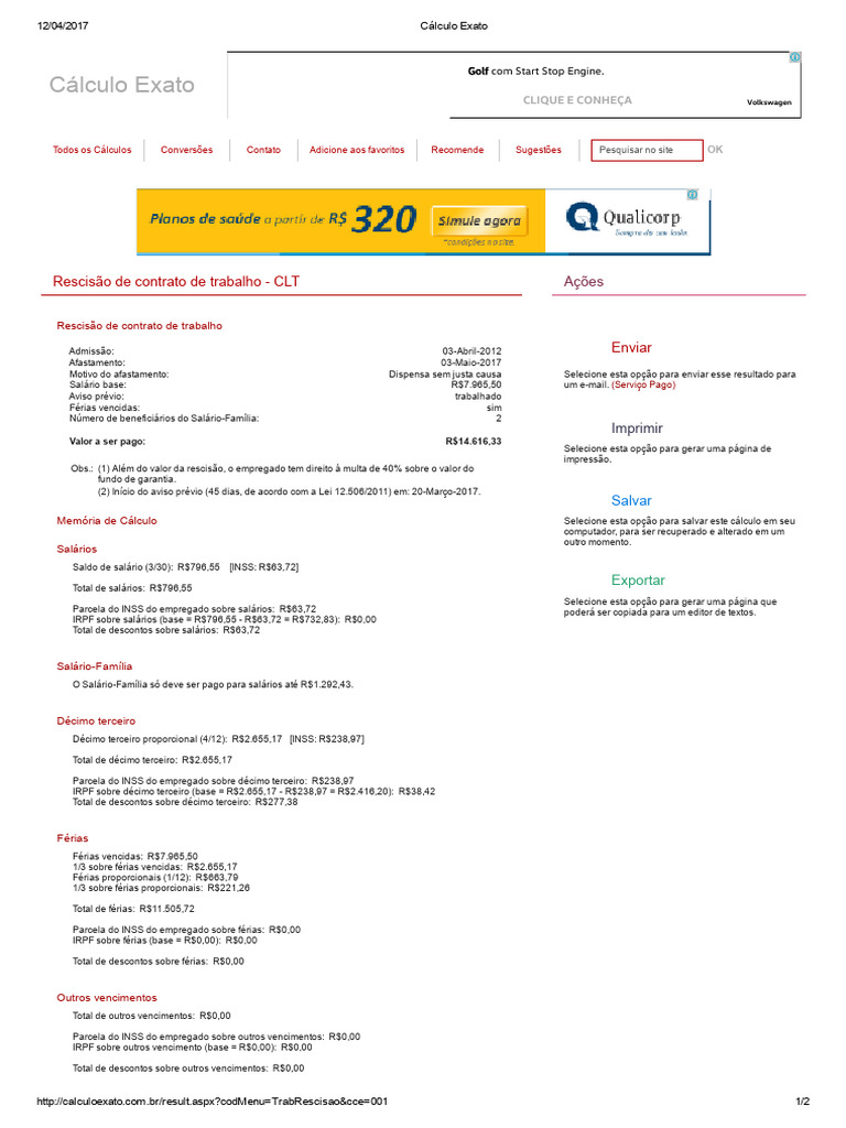 Cálculo Exato | PDF | Férias trabalhistas