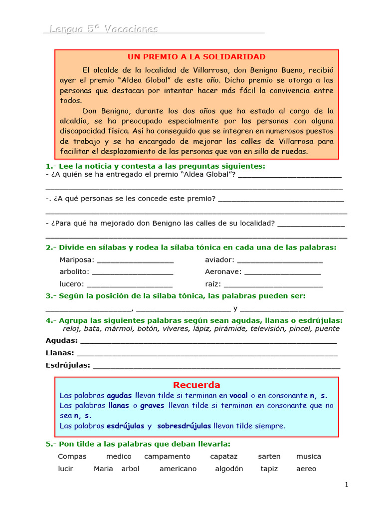 Repaso Verano Lengua 5º C.P. ARTURO DUO | PDF | Adjetivo | Sustantivo