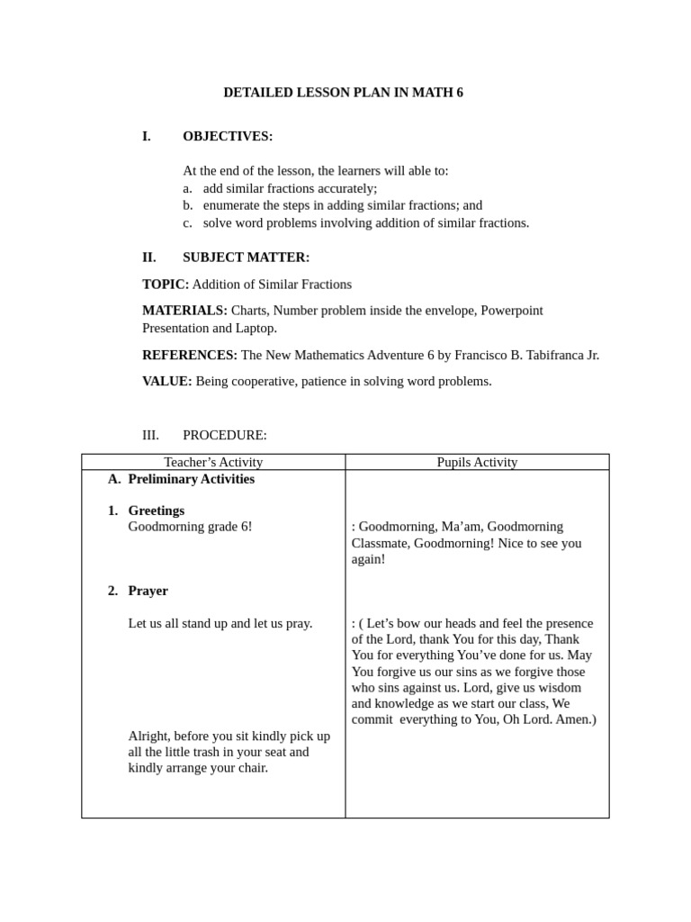 Detailed Lesson Plan In Math 6 Final Pdf Learning