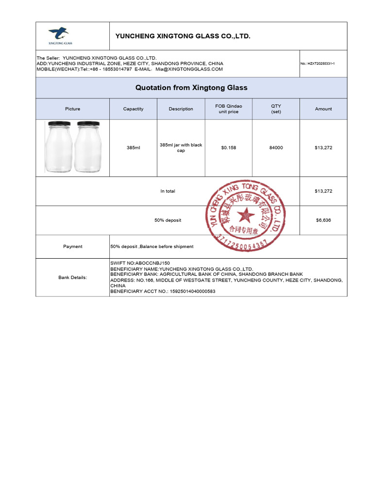Xingtong Glass Quotation for 385ml Jars | PDF