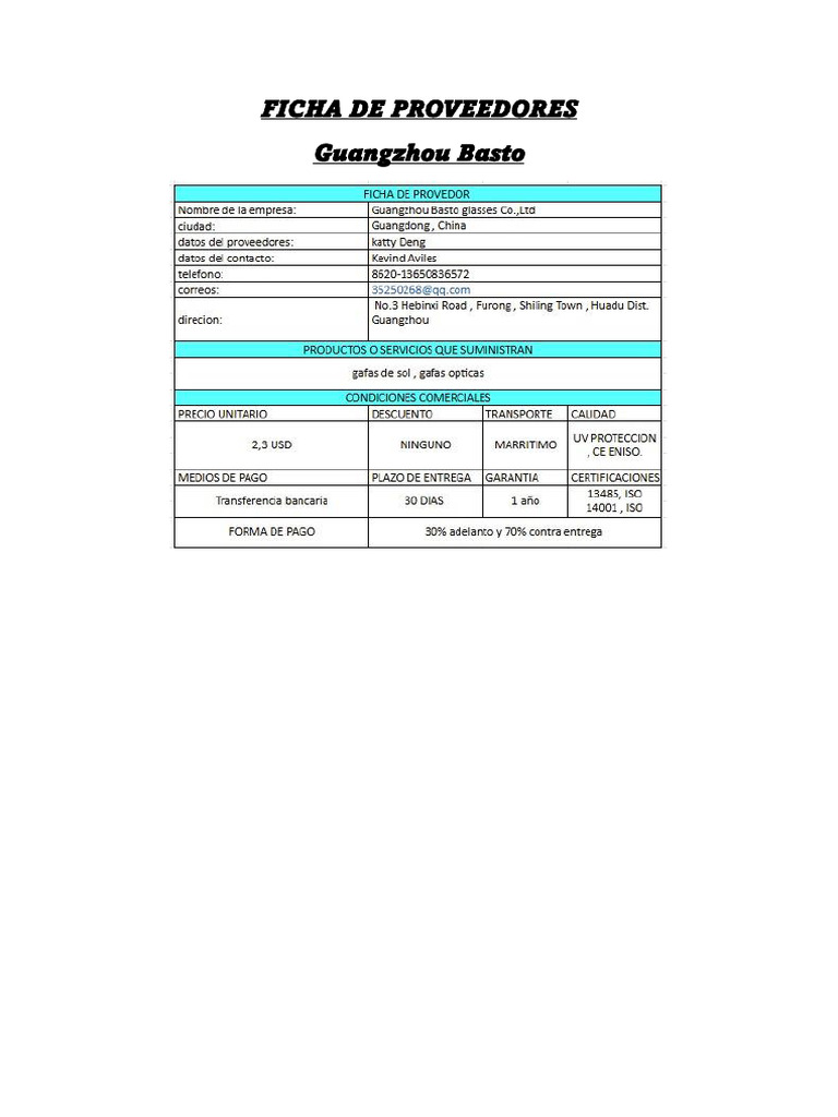 FICHA.. DE PROVEEDORES ..Guangzhou Basto | PDF