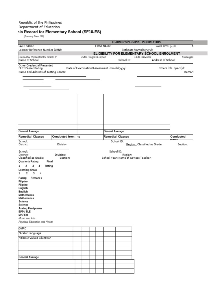 SF10 Grade 1 Academic Record Template | PDF