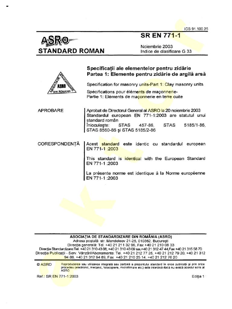 SR en 771-1-2003 Specificatii Ale Elementelor Pentru Zidarie Partea 1 | PDF