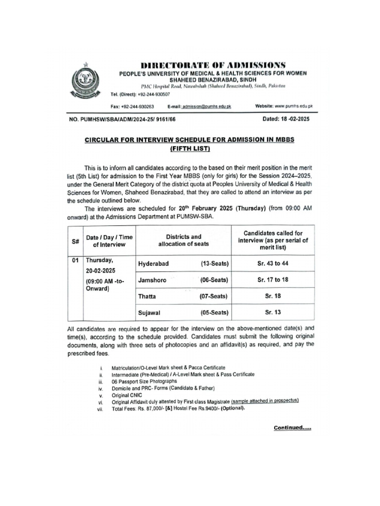 Circular Mbbs Interview Fifthlist 2025 | PDF