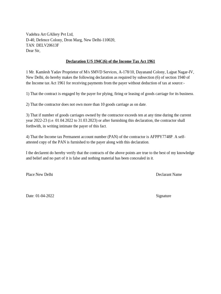 VAGPL-SMVD Declaration Letter US 194C | PDF | Income | Public Finance