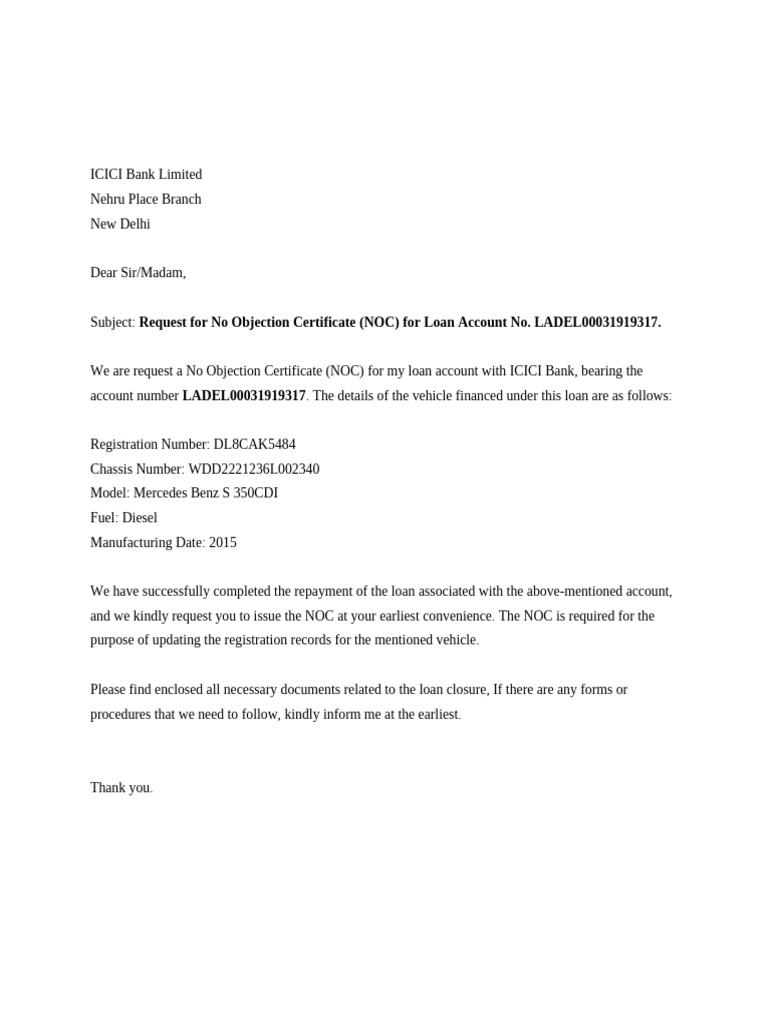 NOC Letter For Loan Account ICICI Bank Limited | PDF