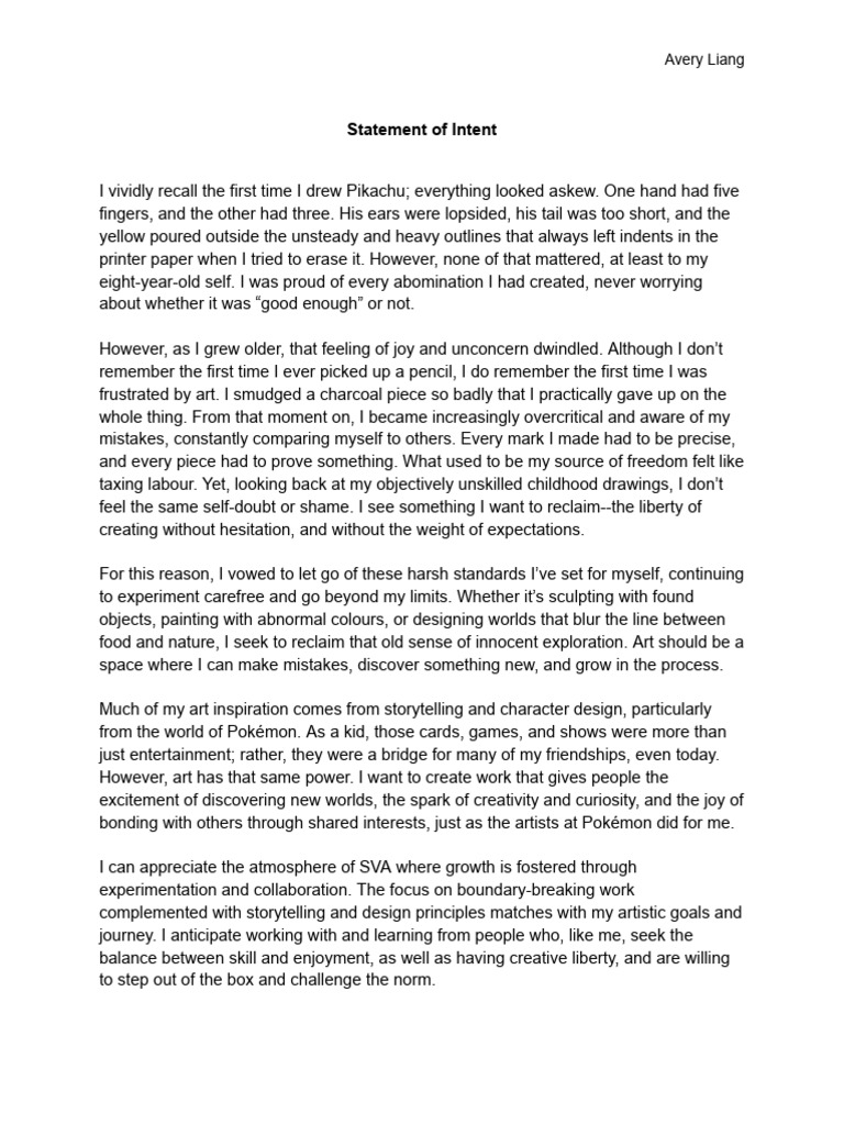 SVA Statement of Intent - Avery Liang | PDF