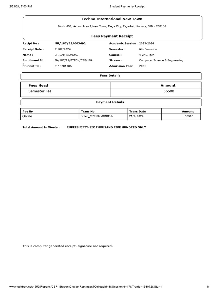 Techno International Fee Receipt | PDF