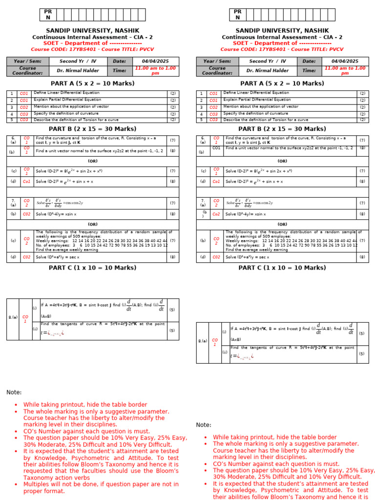 CIA QP Set 1 - PVCV - Split | PDF | Curvature | Mathematics