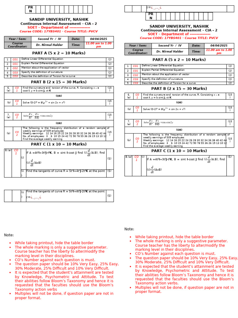 CIA QP Set 1_PVCV | PDF | Curvature | Calculus