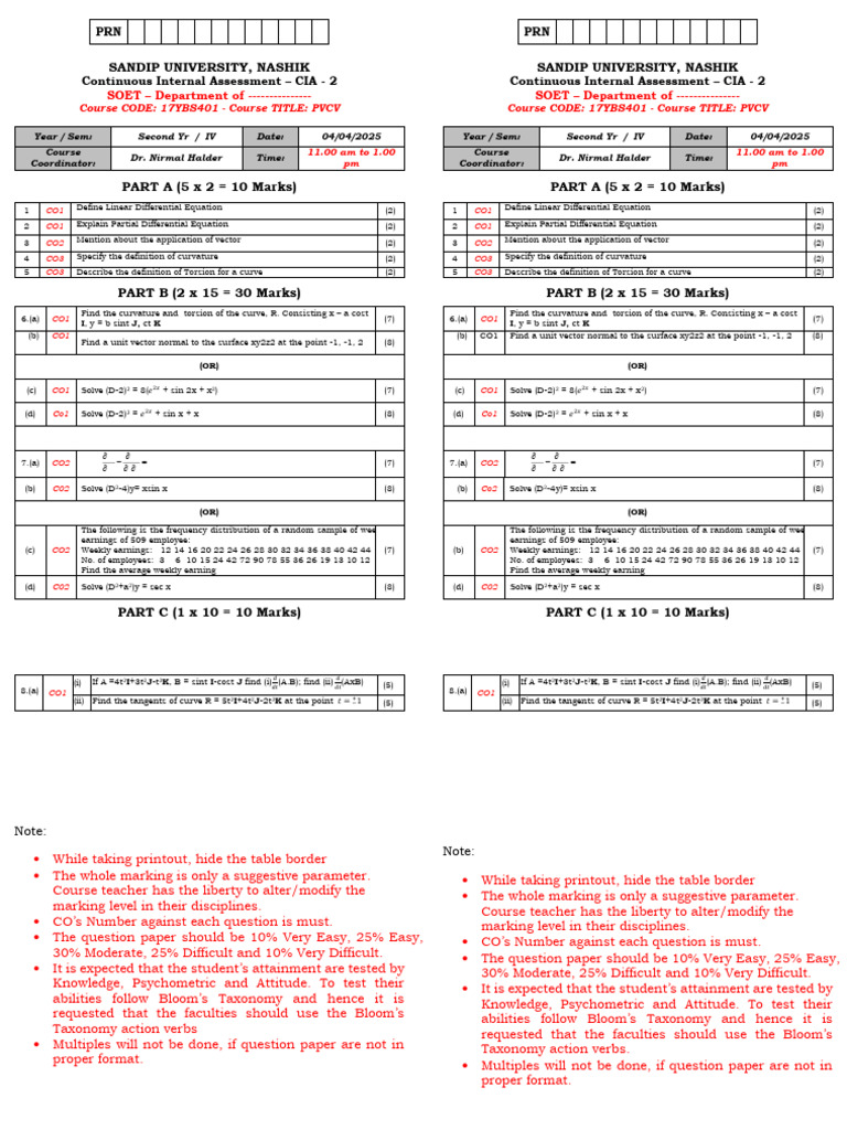 CIA QP Set 1 - PVCV - Split | PDF | Curvature | Mathematical Analysis