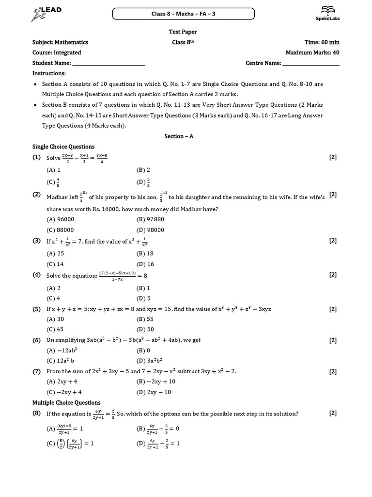 Class 8th - Maths - FA - 3 - Question Paper | PDF | Mathematics