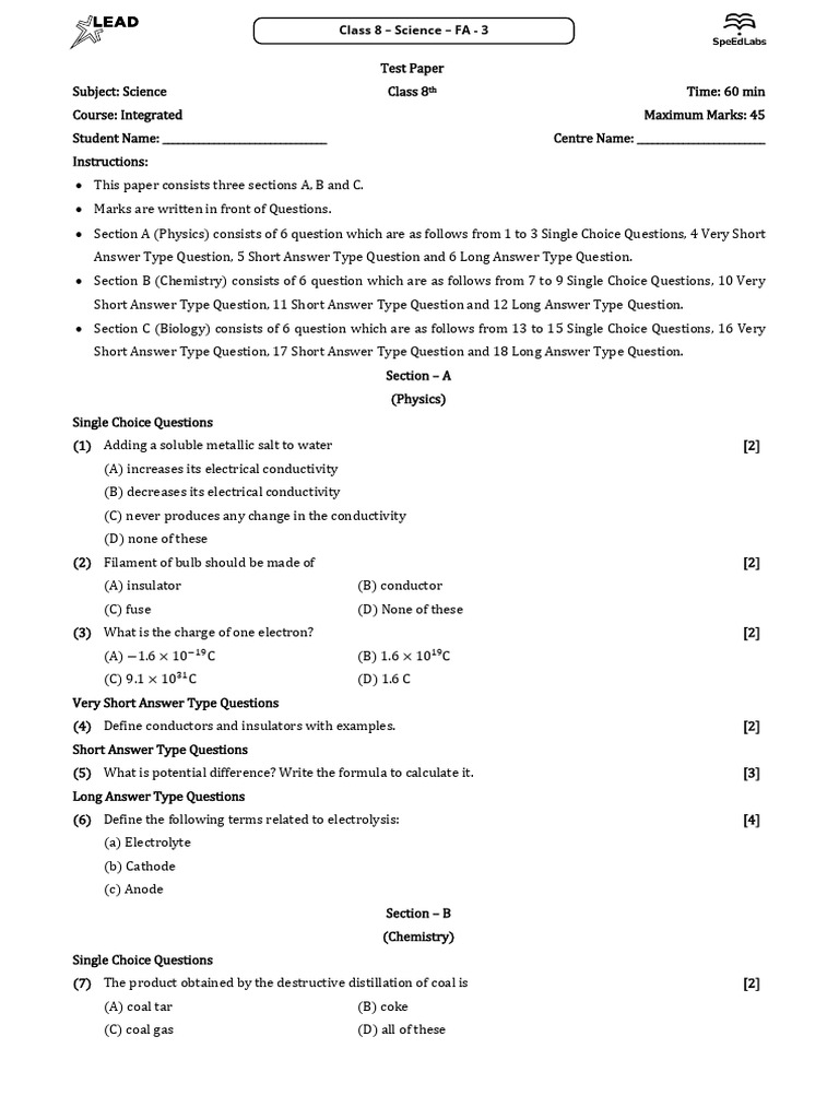 8th Class FA3 Science Test Paper | PDF | Sexual Reproduction ...