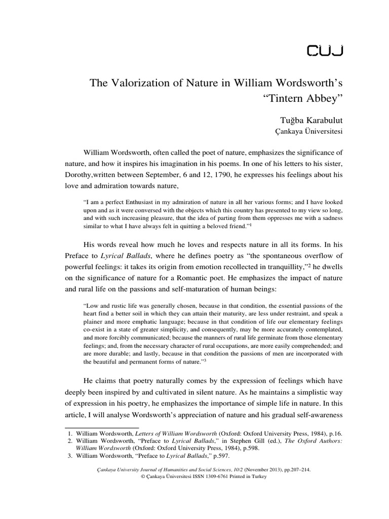 The Valorization of Nature in William Wordsworth S Tintern Abbey ...