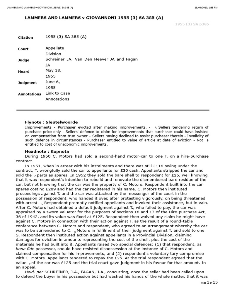 Lammers and Lammers V Giovannoni 1955 (3) SA 385 (A) | PDF | Acquittal | Judgment (Law)