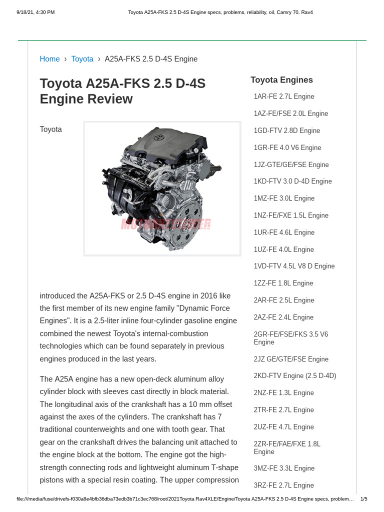 Toyota A25A-FKS Engine Overview | PDF | Engines | Machines