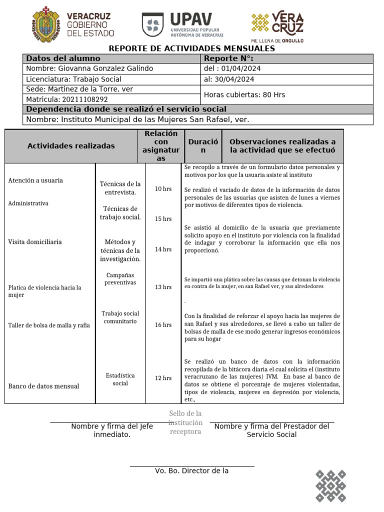 FORMATO_SS-04_REPORTE_MENSUAL (3) | PDF | Trabajo Social