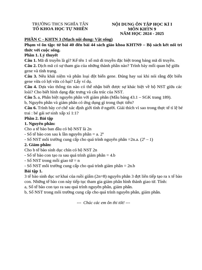 DecuongOntapHK1_KHTN9 (Sinh) | PDF