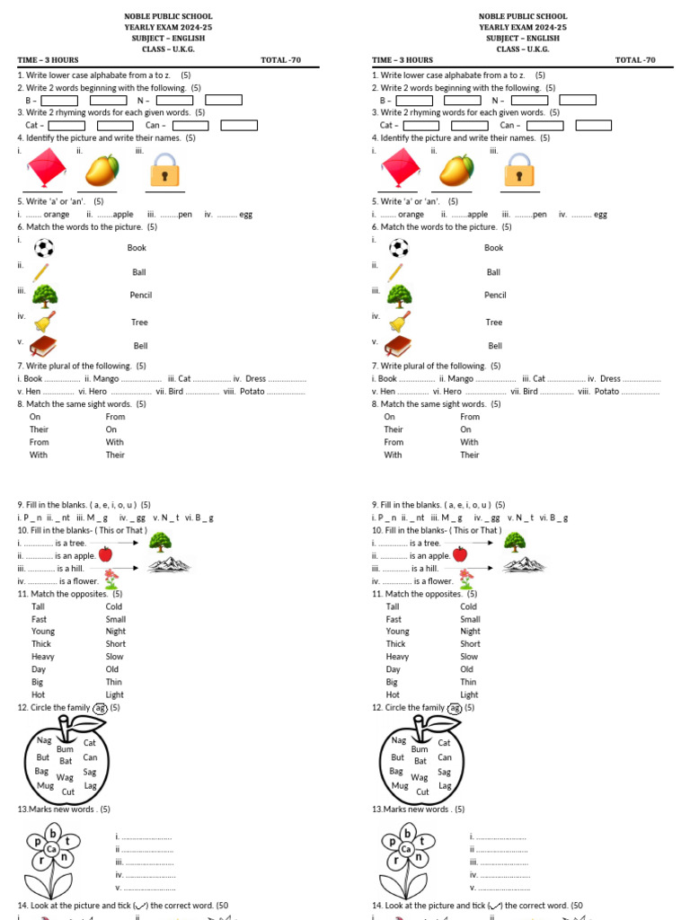 UKG English Yearly Exam Paper 2024-25 | PDF