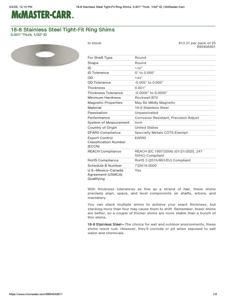 18-8 Stainless Steel Tight-Fit Ring Shims | PDF | Stainless Steel ...