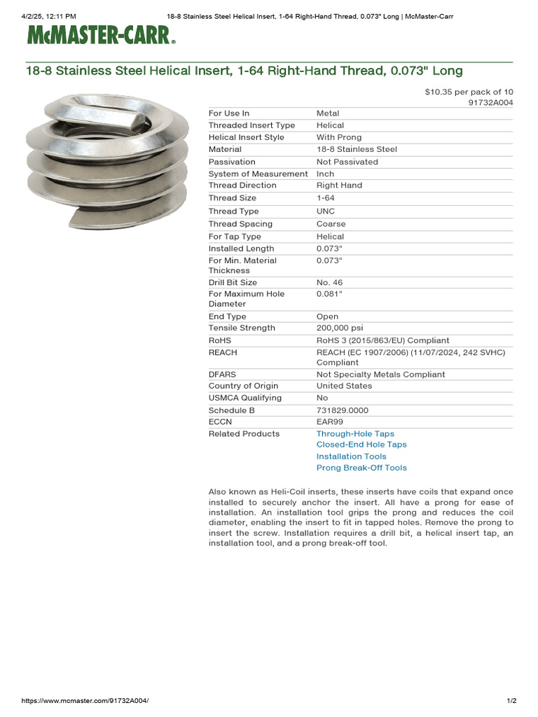 18-8 Stainless Steel Helical Insert | PDF | Metalworking | Mechanical ...