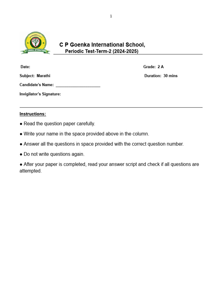 Grade 2 - Marathi - Worksheet - 2A | PDF