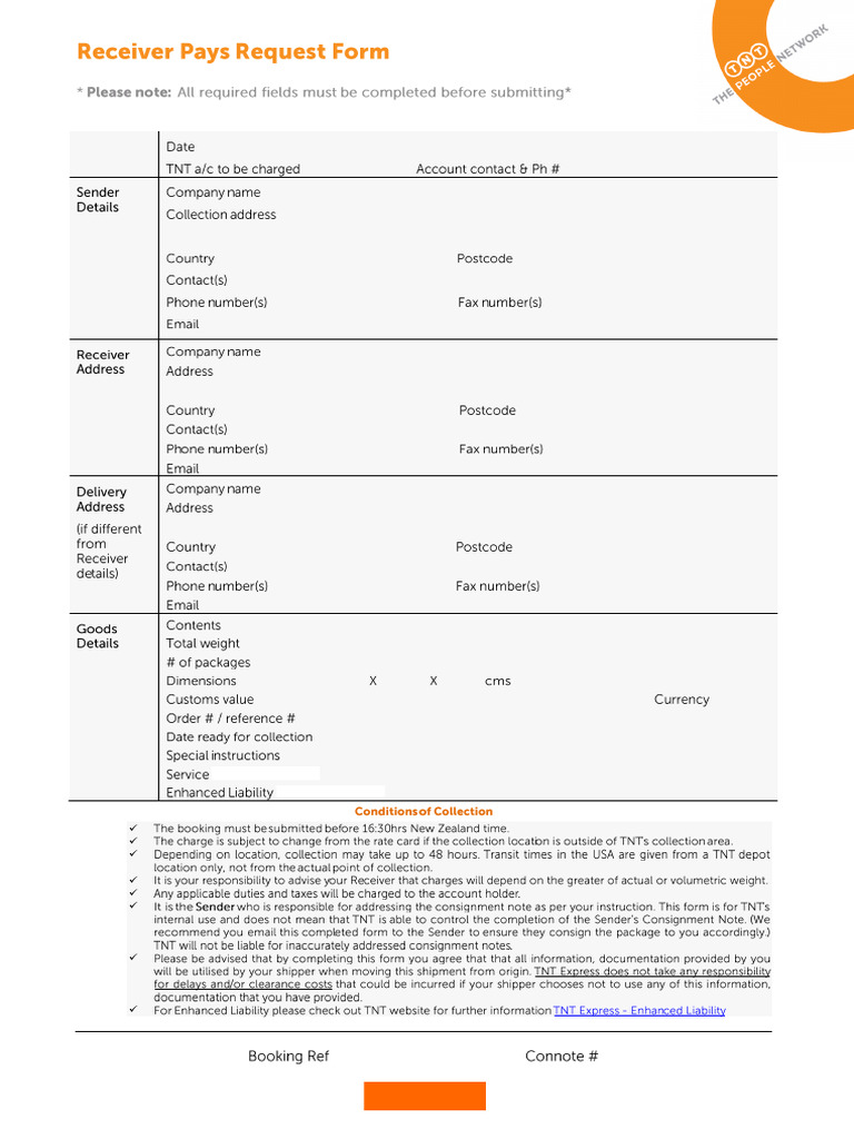 Tnt Receiver Pays Booking Form 2C | PDF