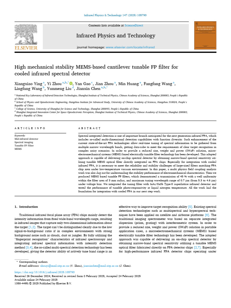 High Mechanical Stability MEMS Based Cantilever Tunable - 2025 - Infrared Physic | PDF | Optical ...