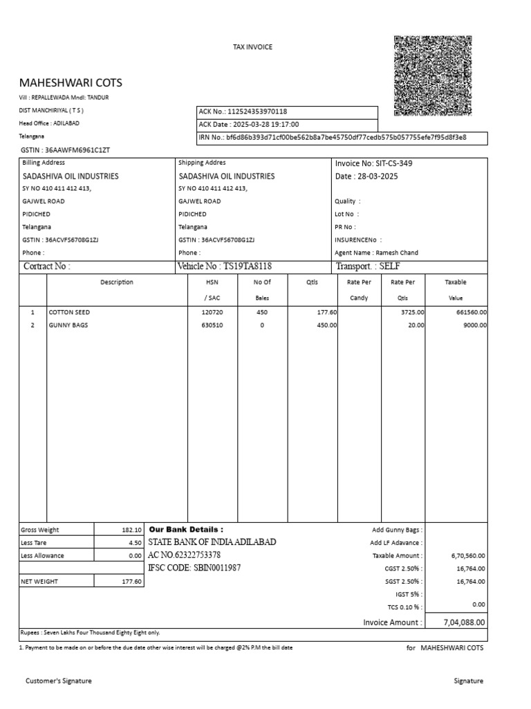 Cotton Seed Invoice - Maheshwari Cots | PDF | Taxes | Government Finances