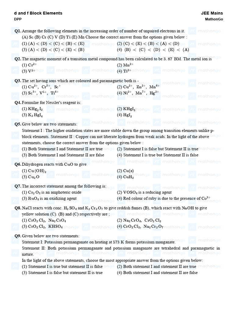 d and f Block Elements DPP 2 | PDF | Redox | Electron Configuration