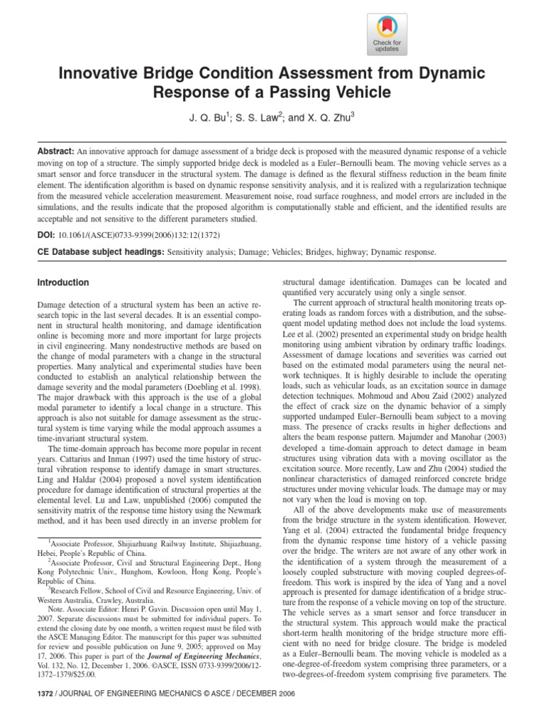 Zhu Et Al 2006 Innovative Bridge Condition Assessment From Dynamic ...