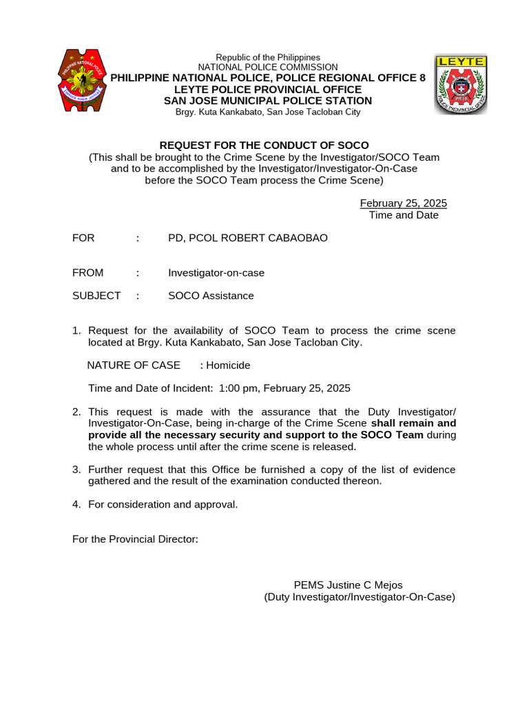 SOCO Request for Homicide Case in Tacloban | PDF