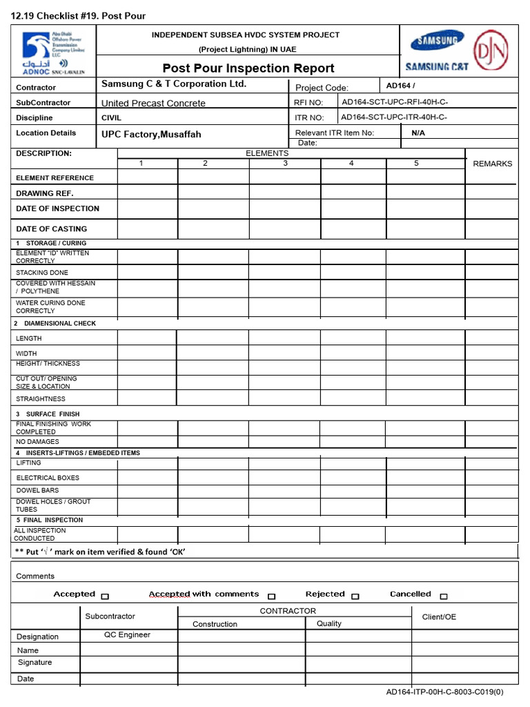 Post Pour Inspection Checklist | PDF