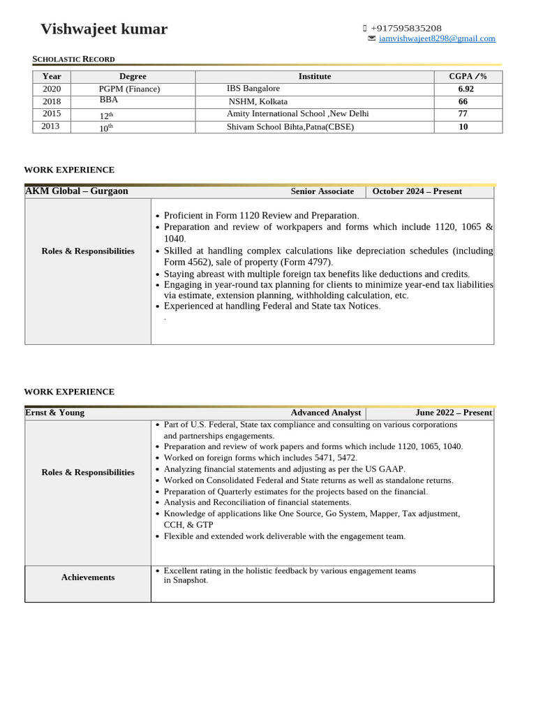 Vishwajeet Kumar Cv 2025 With Pages Removed | PDF | Tax Deduction | Corporations