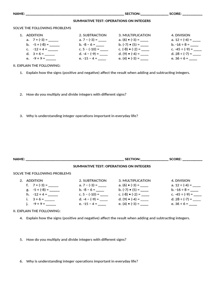 Math 7 Summative Operation | PDF