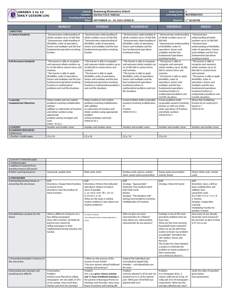 DLL_MATHEMATICS 5_Q1_W8 | PDF | Multiplication | Learning