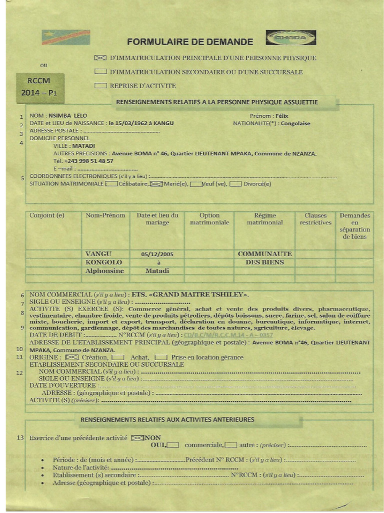 Rccm Idnat Num Impot Prelobis | PDF