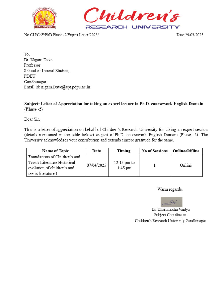 Dr. Nigam Dave (Letter of Appreciation) | PDF