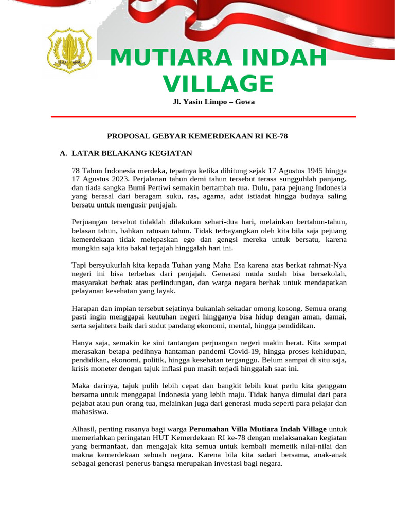 Proposal Kegiatan 17 Agustus 2023 Perumahan Villa Mutiara Village | PDF