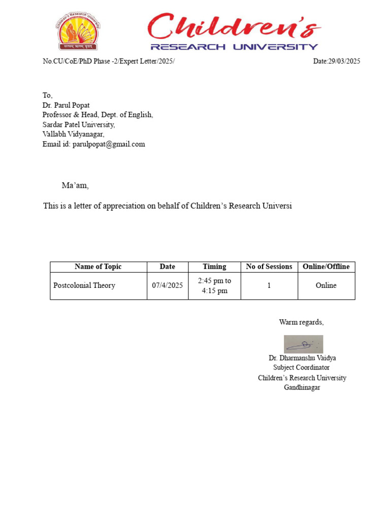 DR Parul Popat (Letter of Appreciation) PDF | PDF