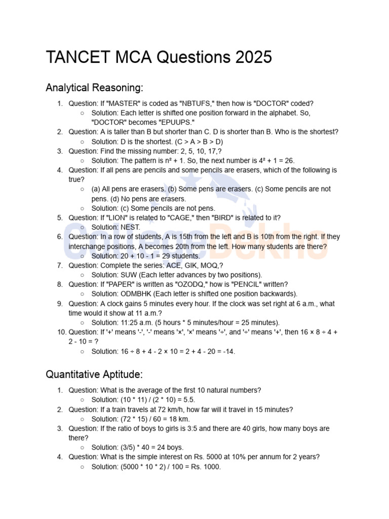 Sample Tancet Question Paper 2025 Mca Mba Both | PDF | Random Access Memory | Computer Engineering