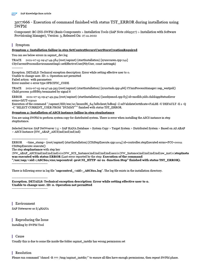 Note 3077666 - Execution of Command Finished With Status TST - ERROR During Installation Using ...