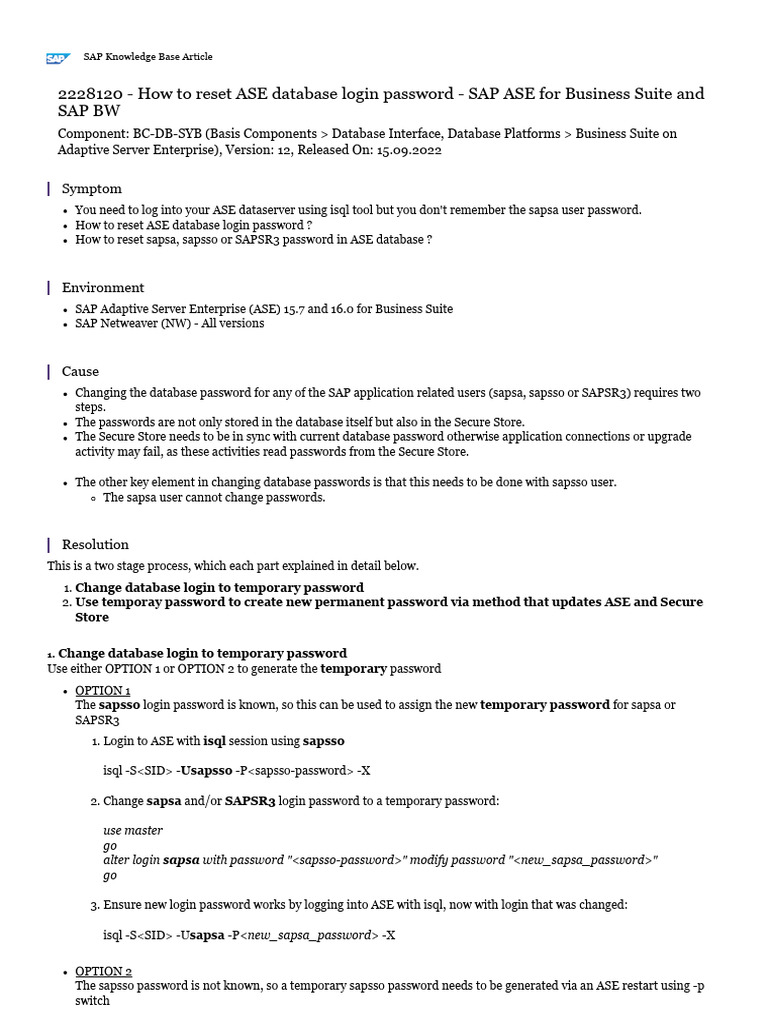 Note 2228120 - How To Reset ASE Database Login Password - SAP ASE For Business Suite and SAP BW ...